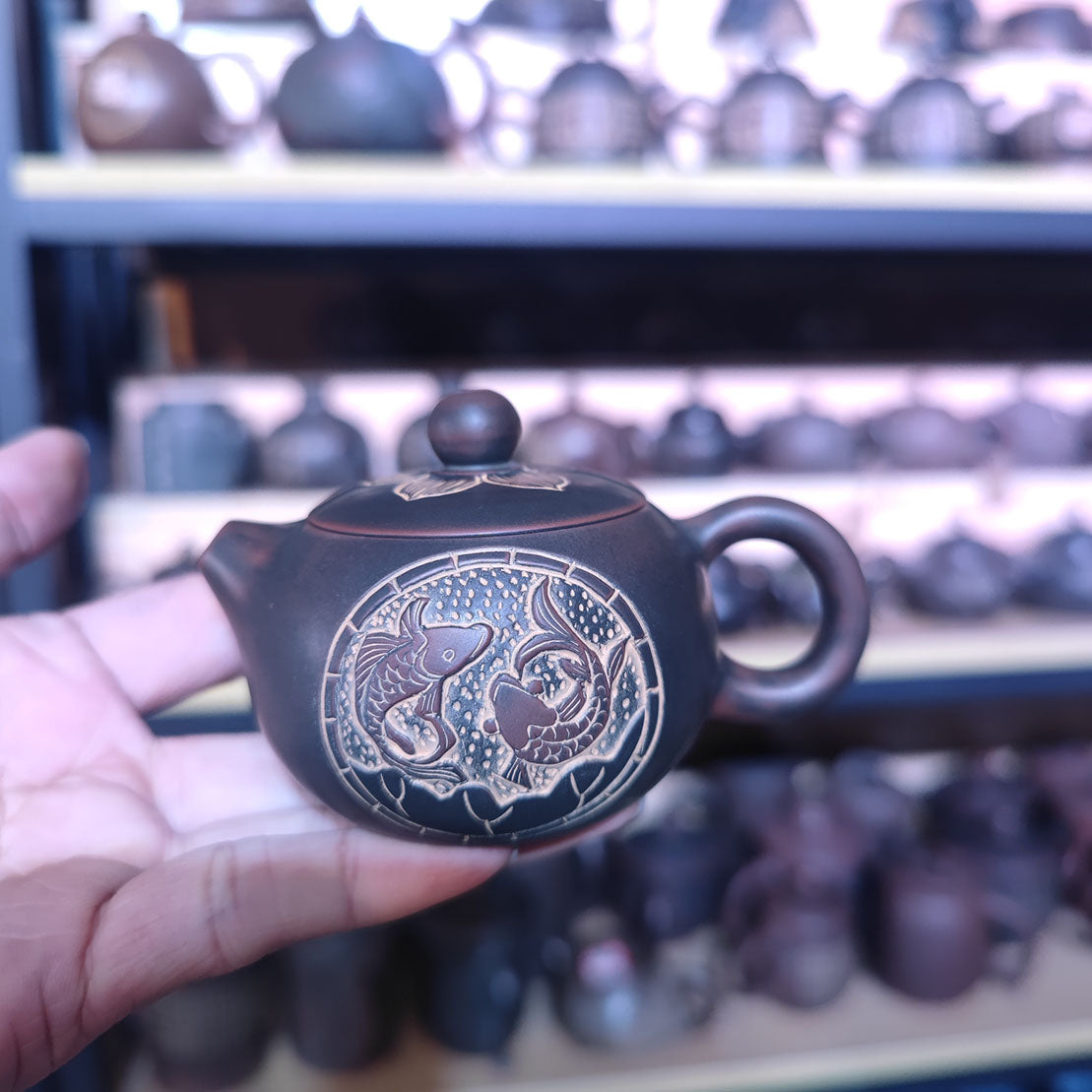 100ml Hand Carved Lotus and Fish Good Luck Nixing Pottery Teapots ...