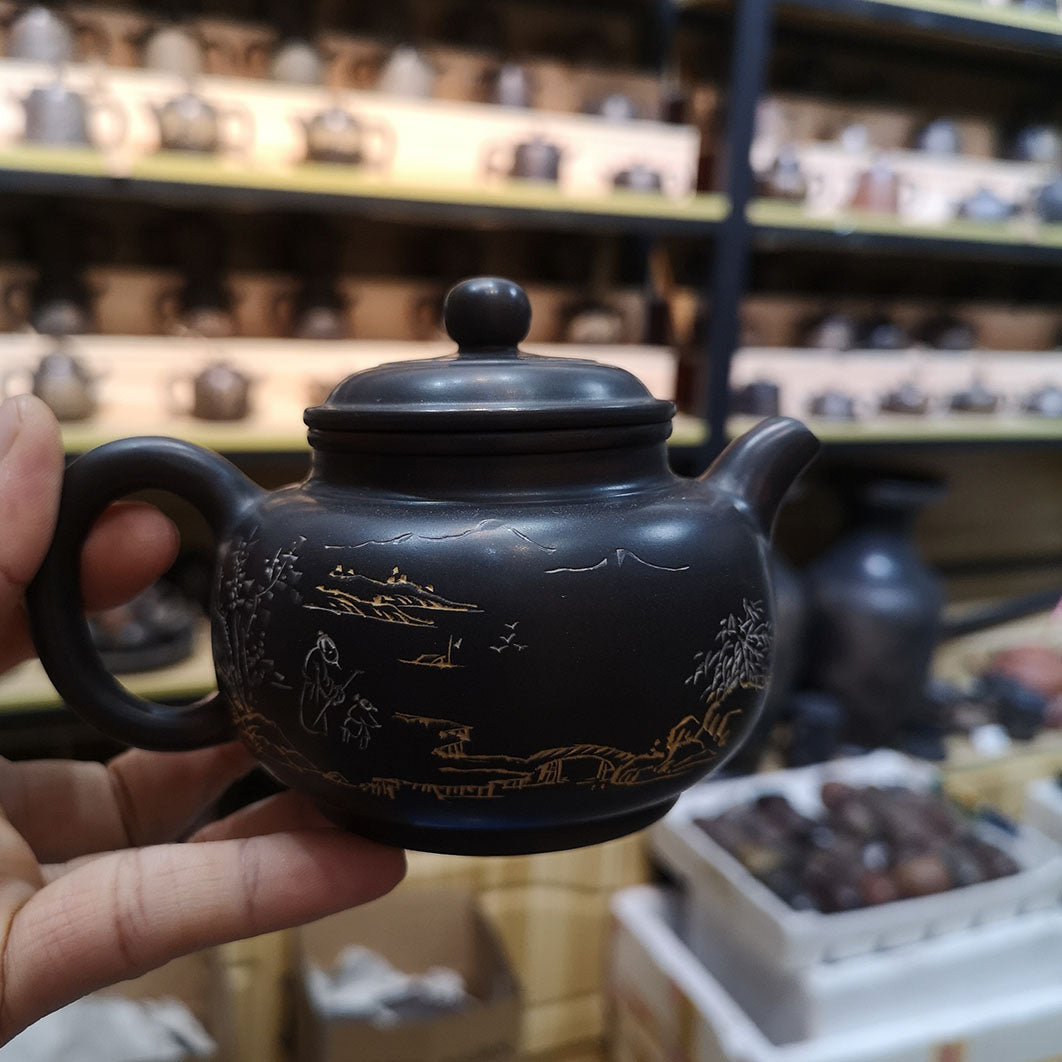 Hand Carved Dark Nixing Pottery Teapots Fang Gu Tea Pot 200cc ...